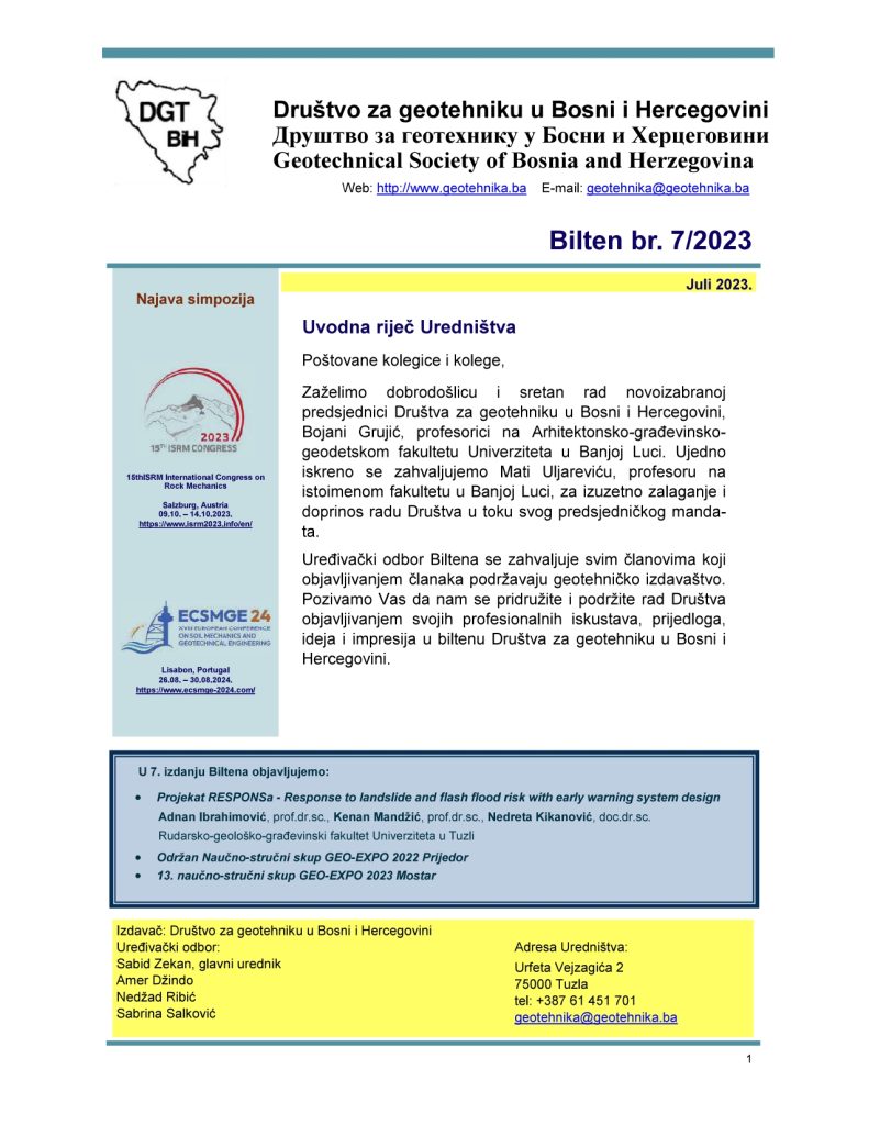 Bilten broj 7/2023 - Društvo za geotehniku u BIH